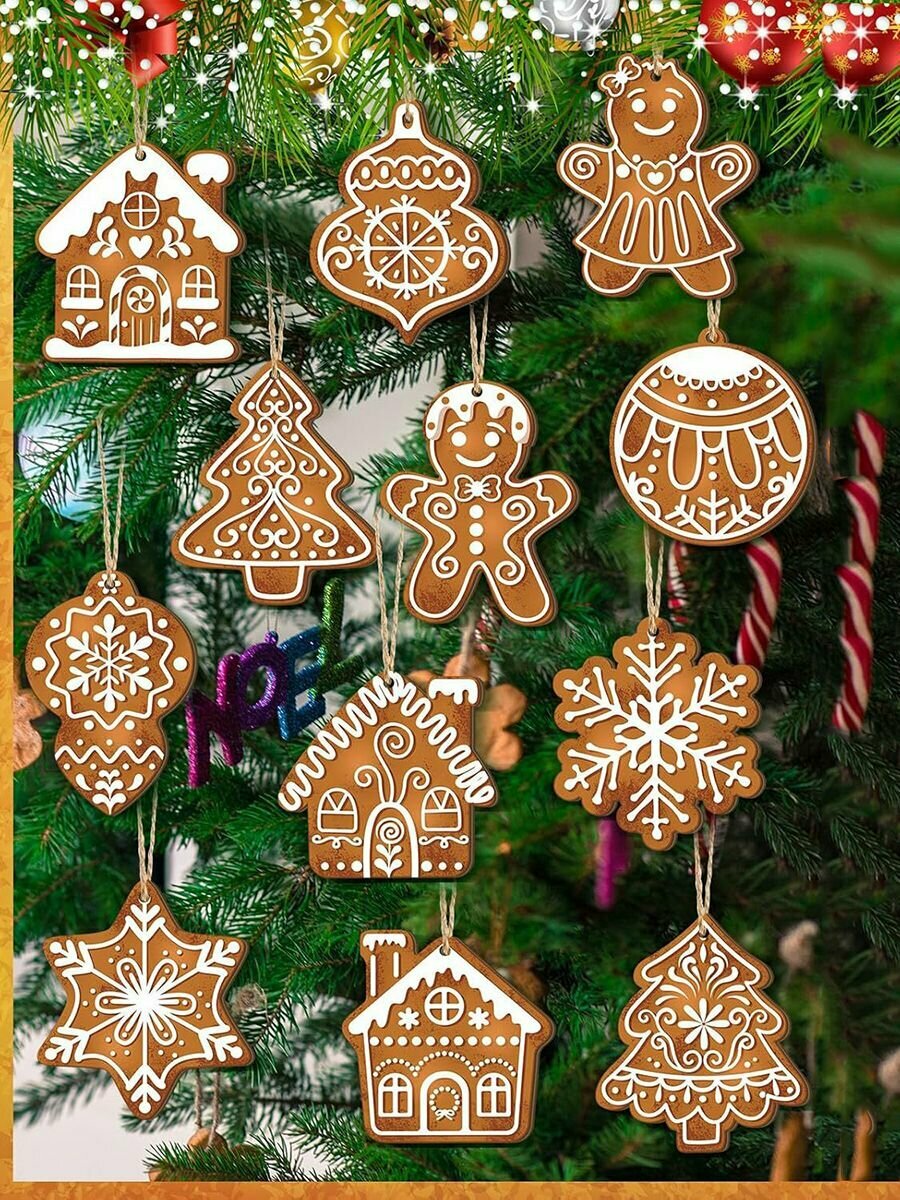 Рождественский деревянный кулон, пряничный человечек, украшение в виде снежинки, Рождественская елка, украшение для вечеринки, набор маленьких подвесок из 12 штук