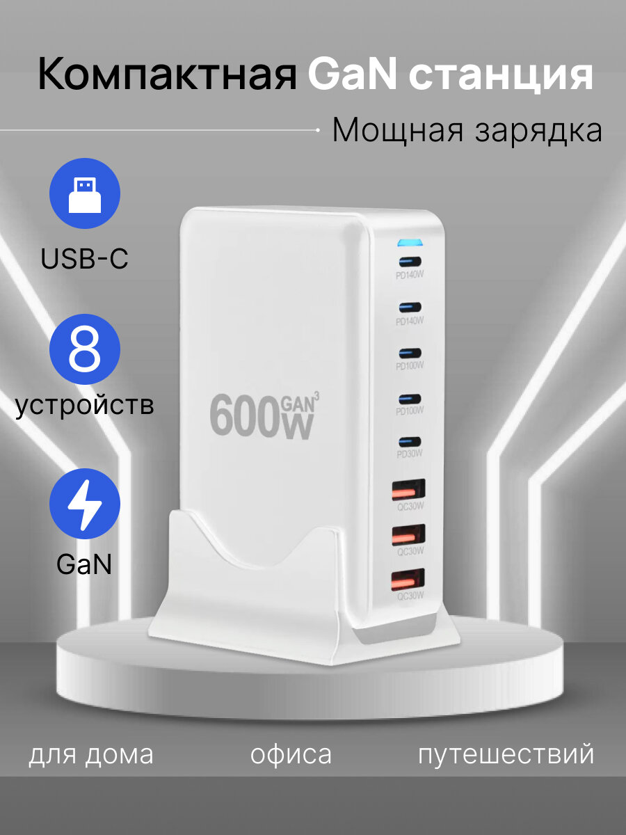 PowerDock GaN: настольная зарядная станция PD с 8 портами, поддержкой быстрой зарядки и защитой от перегрева, белая