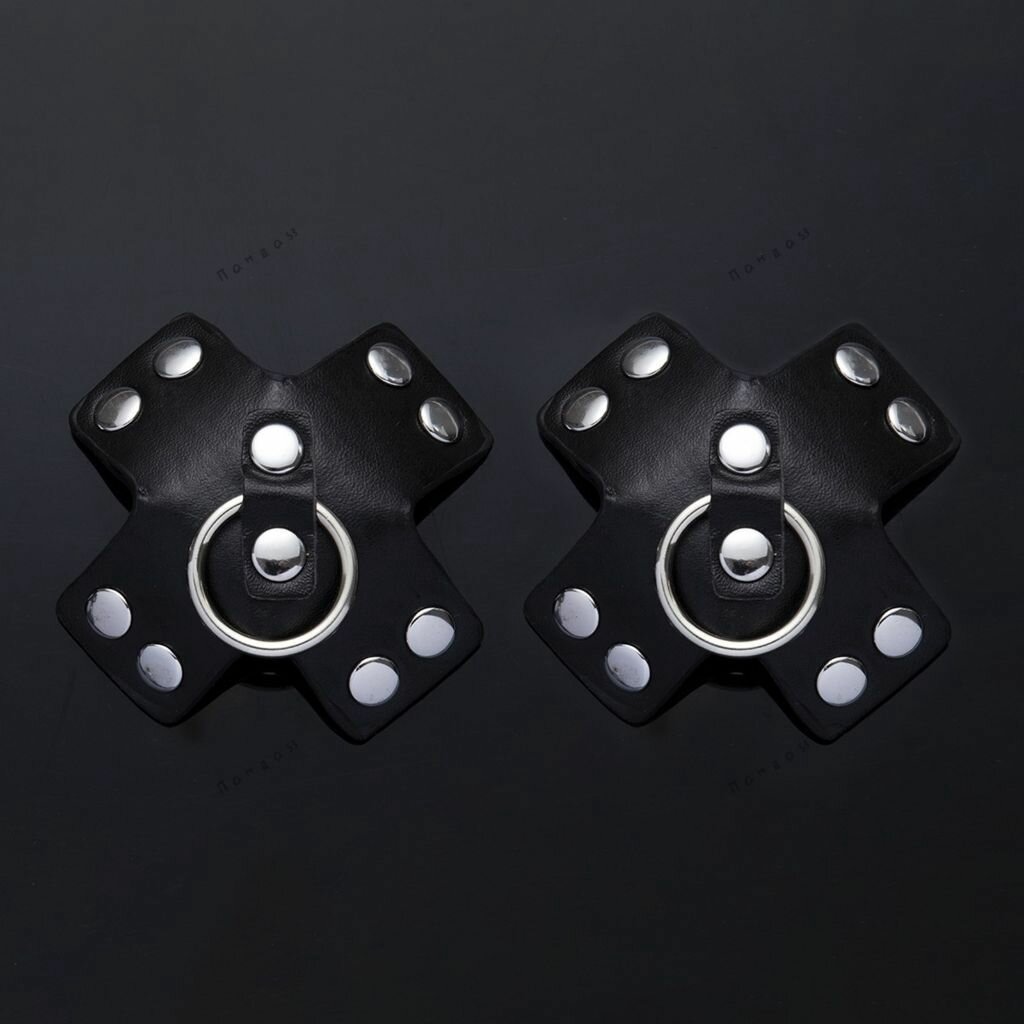 Многоразовые накладки на соски с крестом, кожаные с металлическими кольцами, - PU