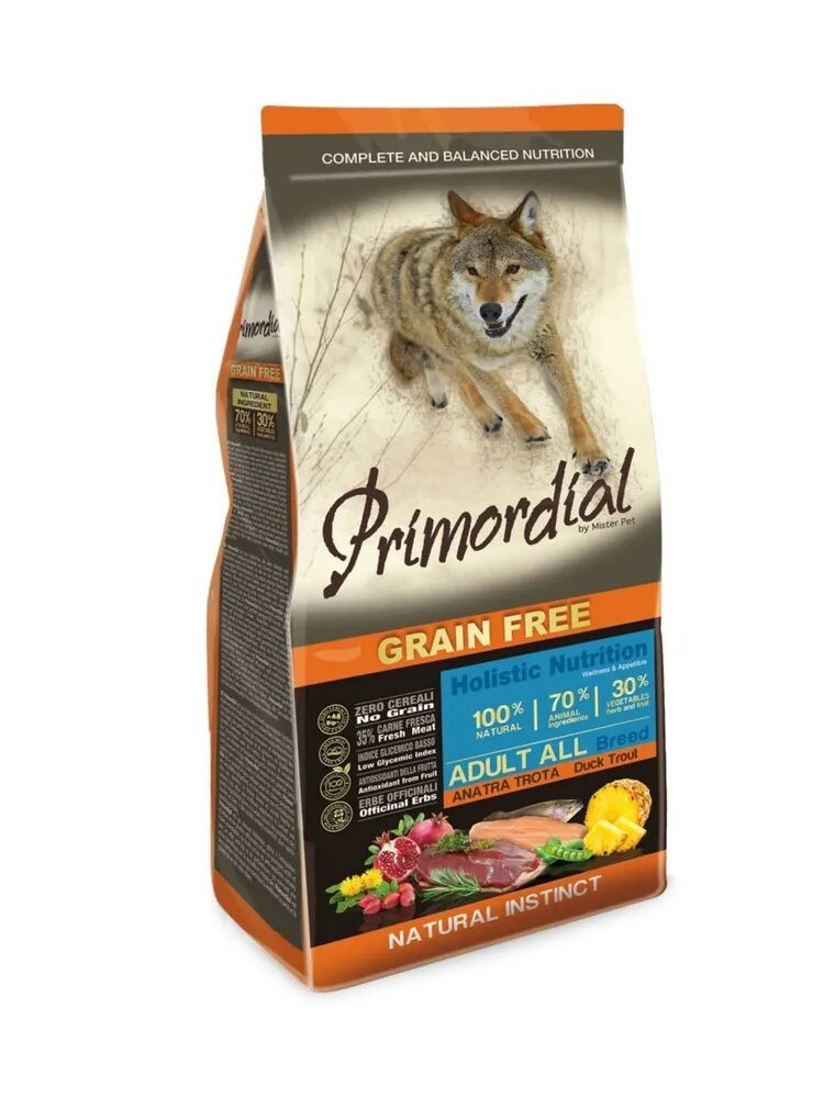 Сухой корм Primordial для взрослых собак всех пород, беззерновой, форель/утка, 12 кг