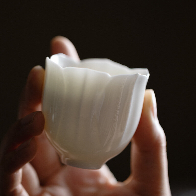 Чашка для чая ShuKe из овечьего жира и нефритовой глины, форма тюльпана, белая фарфоровая мастерская чашка, высококачественный чайный набор, прозрачная чашка для дегустации с цветочным горлышком