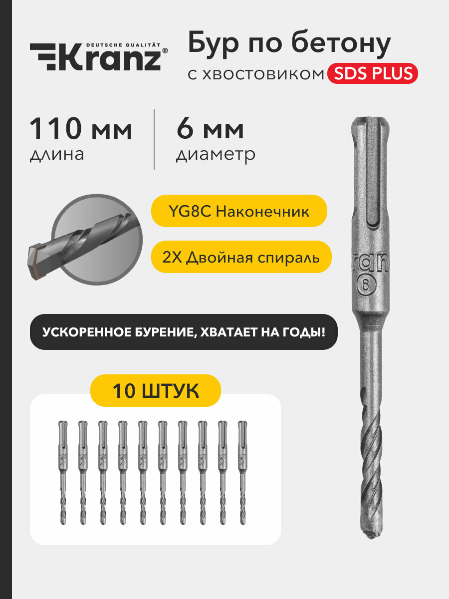 Набор буров по бетону SDS-plus с наконечником из карбида вольфрама, 6х110 мм, 10 шт