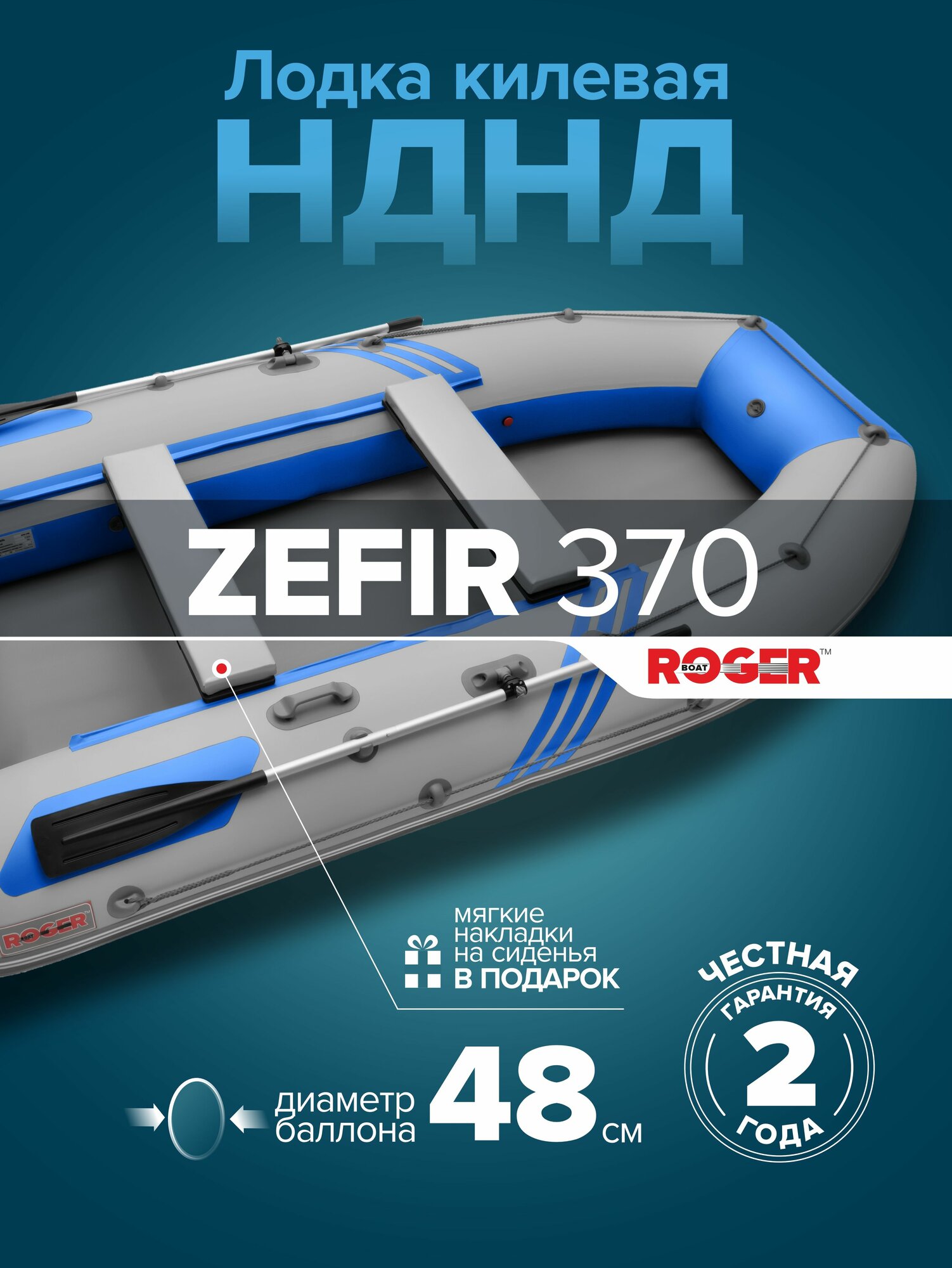 Лодка ПВХ под мотор ROGER Zefir 370, надувная для рыбалки роджер НДНД с ковриком призма (серый-синий)
