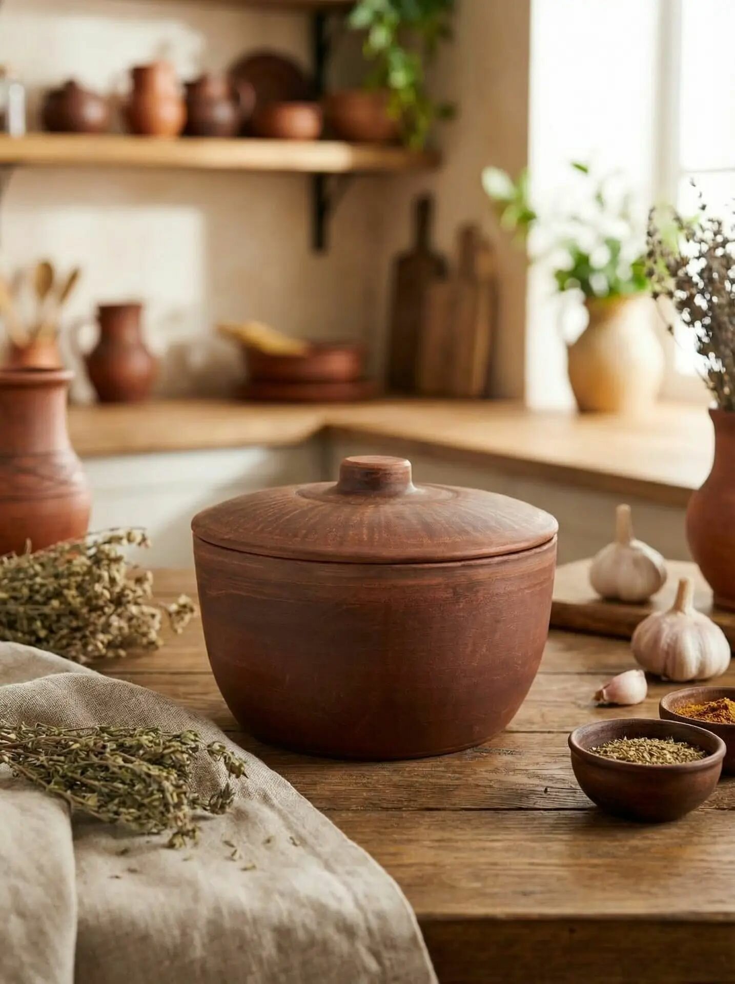 Кастрюля 2,5литра, гладкая, красная глина