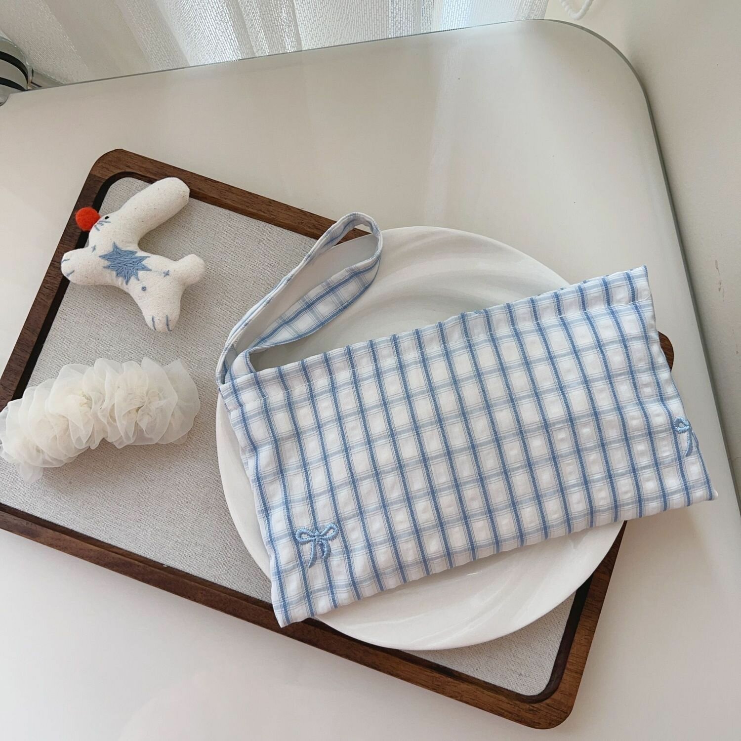 Синяя клетчатая сумка с бантиком на одно плечо, хлопковая сумка для студентов, артистичный японский стиль, простая и универсальная