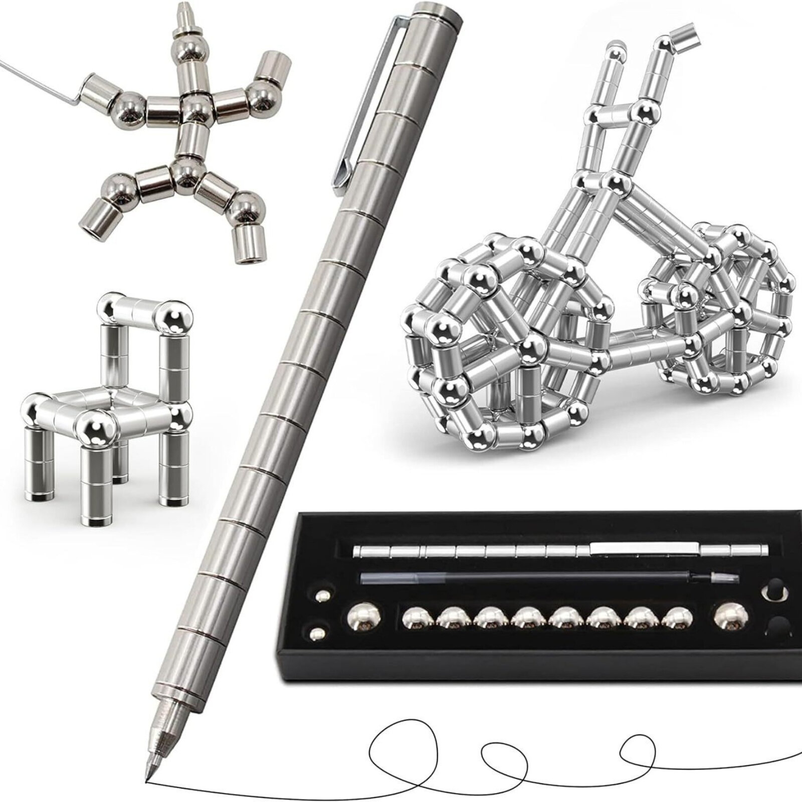 Toy Pen, Магнитная металлическая ручка для декомпрессии, Многофункциональная деформируемая магнитная пишущая ручка, Игрушка для снятия стресса в подарок детям или друзьям, 13 магнитных колец, 12 стальных шариков, 1 ручка, 1 затвор, 1 клипса, 2