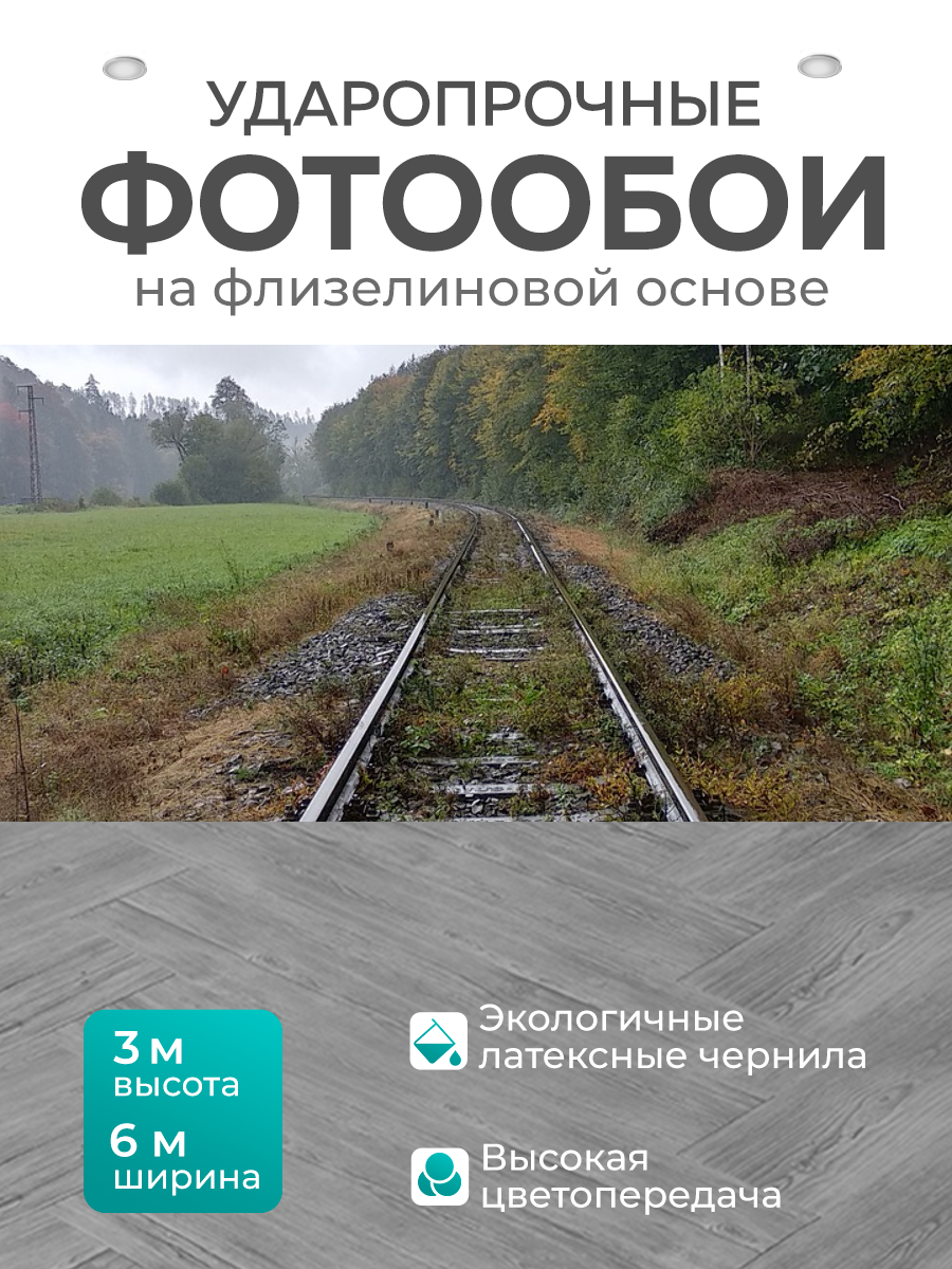 Фотообои моющиеся ударопрочные "Железная дорога, сельская местность, дождь" 600x300 см. флизелиновые на стену