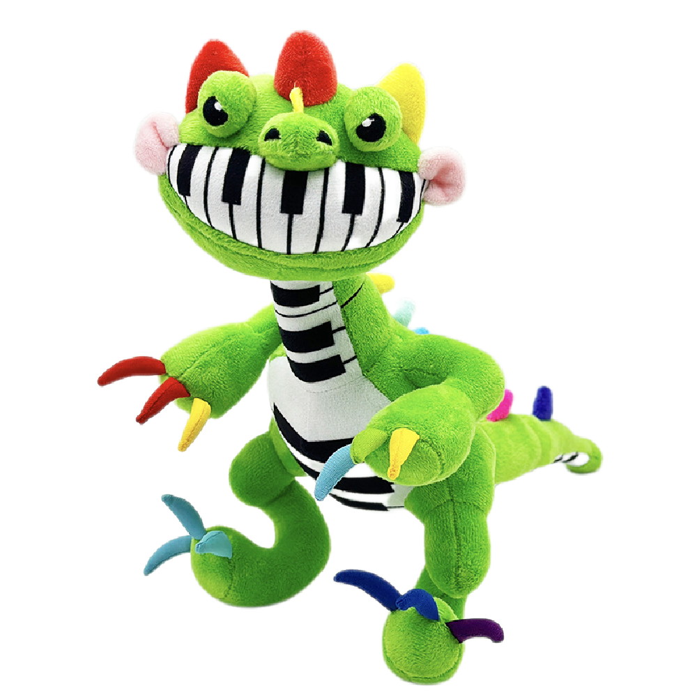 Poppy's Plush Adventure с 4 Spooky Yarn Creatures, дракон с зелёным телом, красными рогами, розовым лицом, радужными когтями и хвостом, рот в виде пианино с чёрно-белыми клавишами, полосы на теле как чёрно-белые пианино клавиши, детская игрушка,
