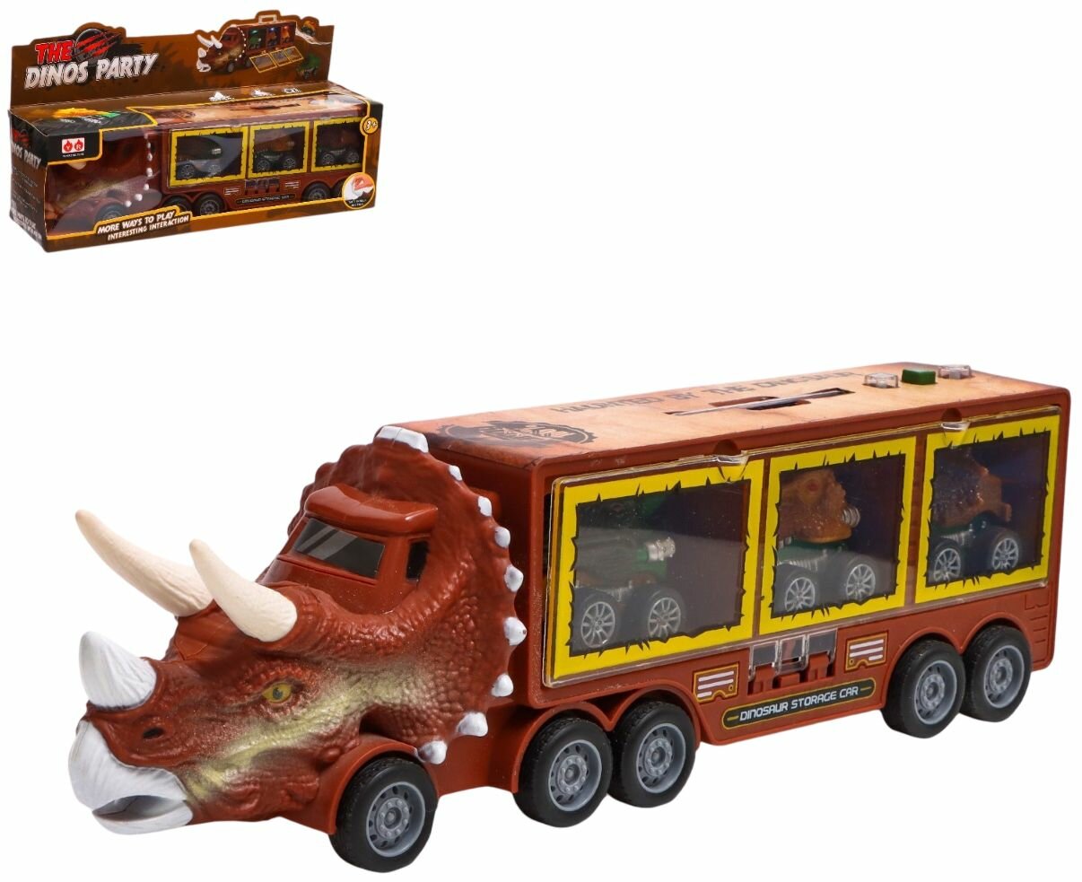 Грузовик "Динозавр" со световыми и звуковыми эффектами, набор детских игрушек для сюжетно-ролевых игр дома и в песочнице, игрушечный автомобиль с инерционным механизмом, автовоз с 3 машинами