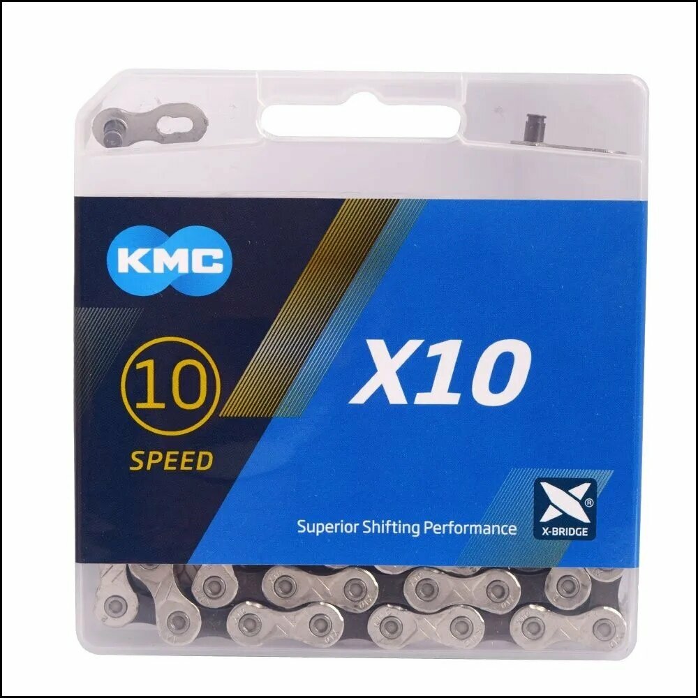 KMC X10 116L, серебристо-черная велосипедная цепь, с замком, в коробке