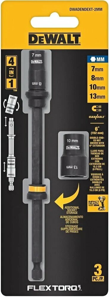 Головка и удлинитель DEWALT FLEXTORQ, 4 в 1, 7 мм и 8 мм, 10 мм и 13 мм, с удлинителем 6 дюймов, двухсторонний торцевой ключ (DWADENDEXT-2MM)