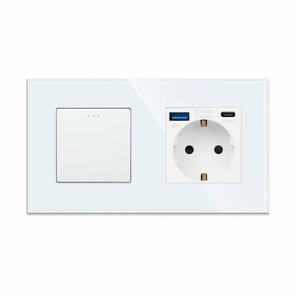 Выключатель Одноклавишный с розеткой ,1 клавиша, розетка с USB и type-C, рамка стекло Белая