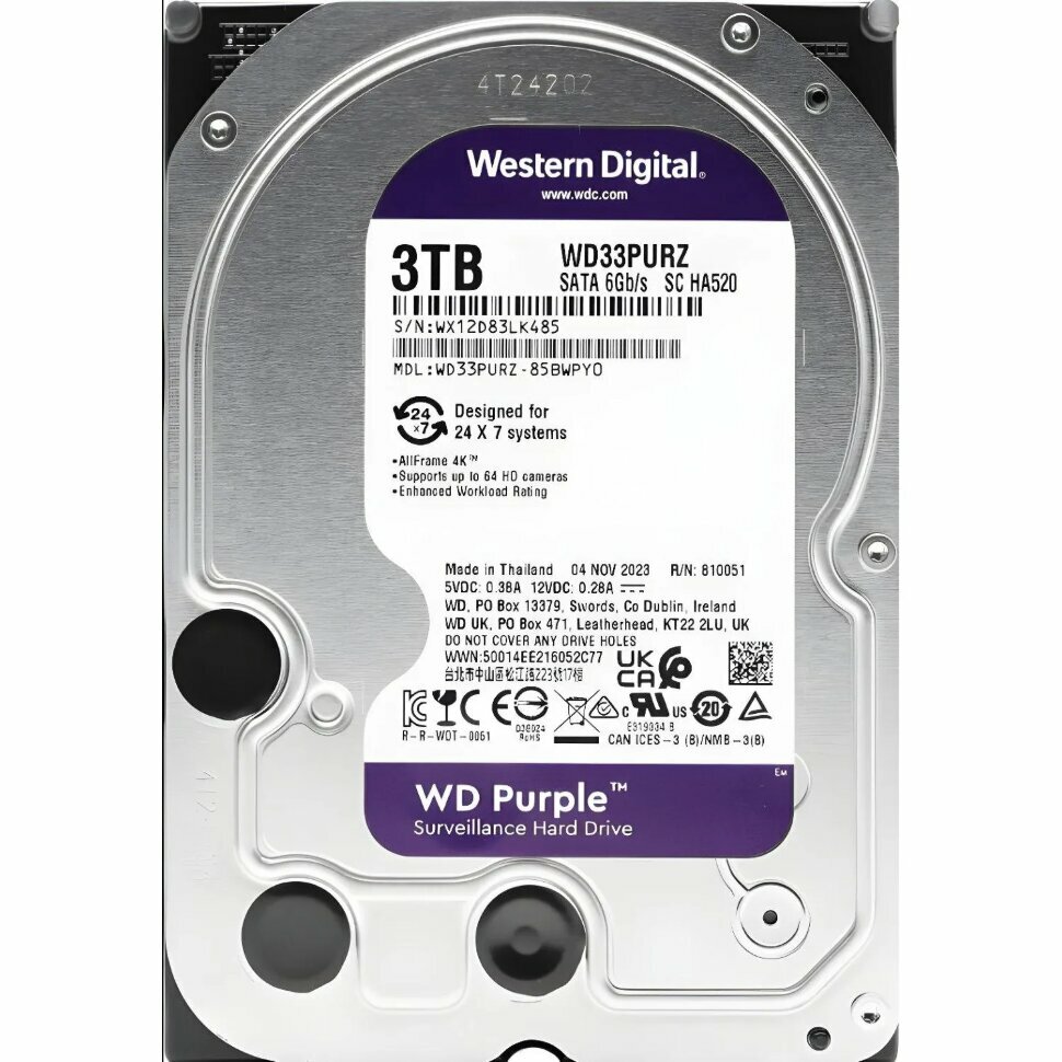 Жесткий диск WD Purple 3TB 3.5 SATA 5400rpm 256Mb (WD33PURZ), 2300508