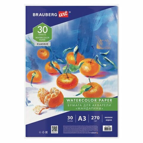 2 шт. Бумага для акварели А3, 30 л, 270 г/м2, мелкое зерно, BRAUBERG ART CLASSIC, "Мандарины", 114402