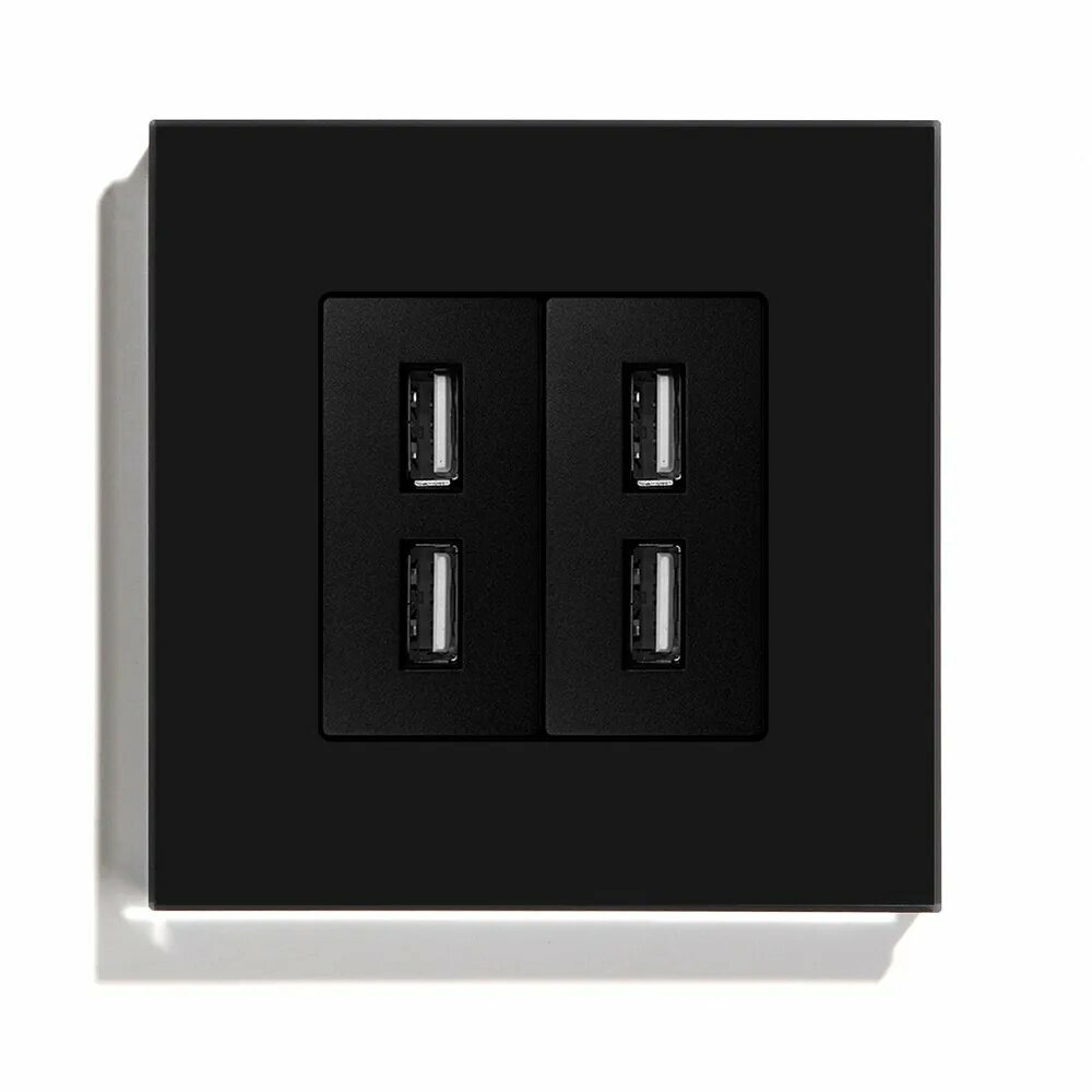 Розетка с 4USB,5В 2.4 А, рамка стекло Черный, 86mm, розетка с четырьмя портами USB и рамкой из закаленного стекла