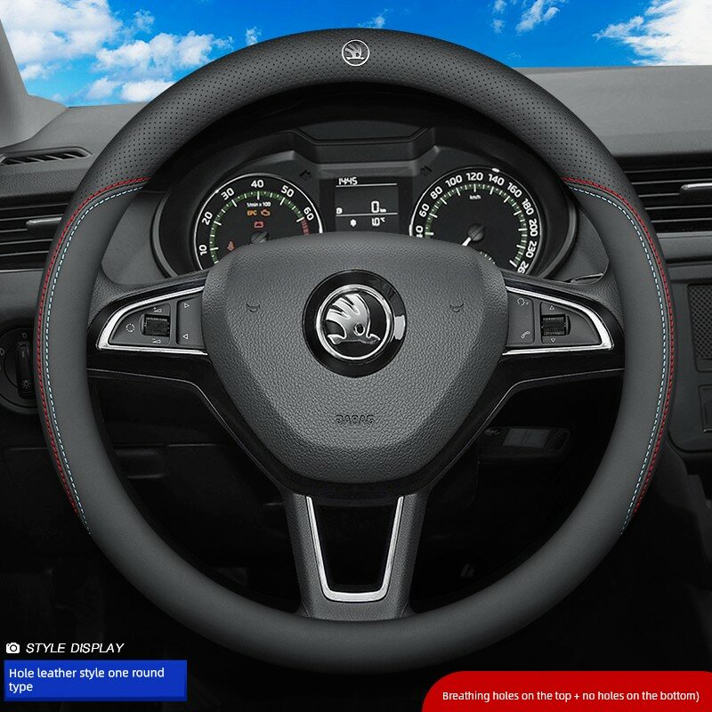 Чехол на руль из натуральной кожи для Skoda Octavia, Fabia, Yeti, Kodiaq, Superb, Rapid и других моделей.