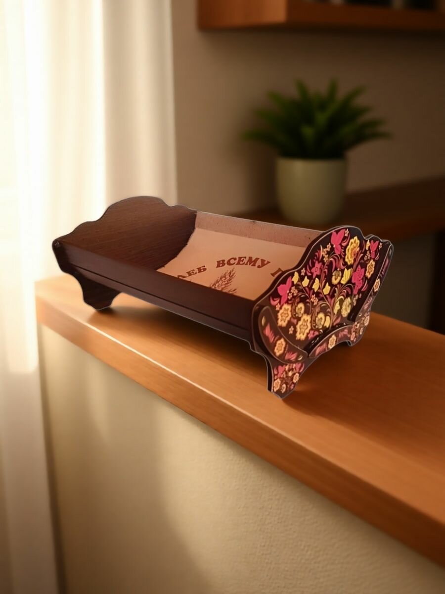 Деревянная мини хлебница на стол "Цветы", под хохлому, 18 см.