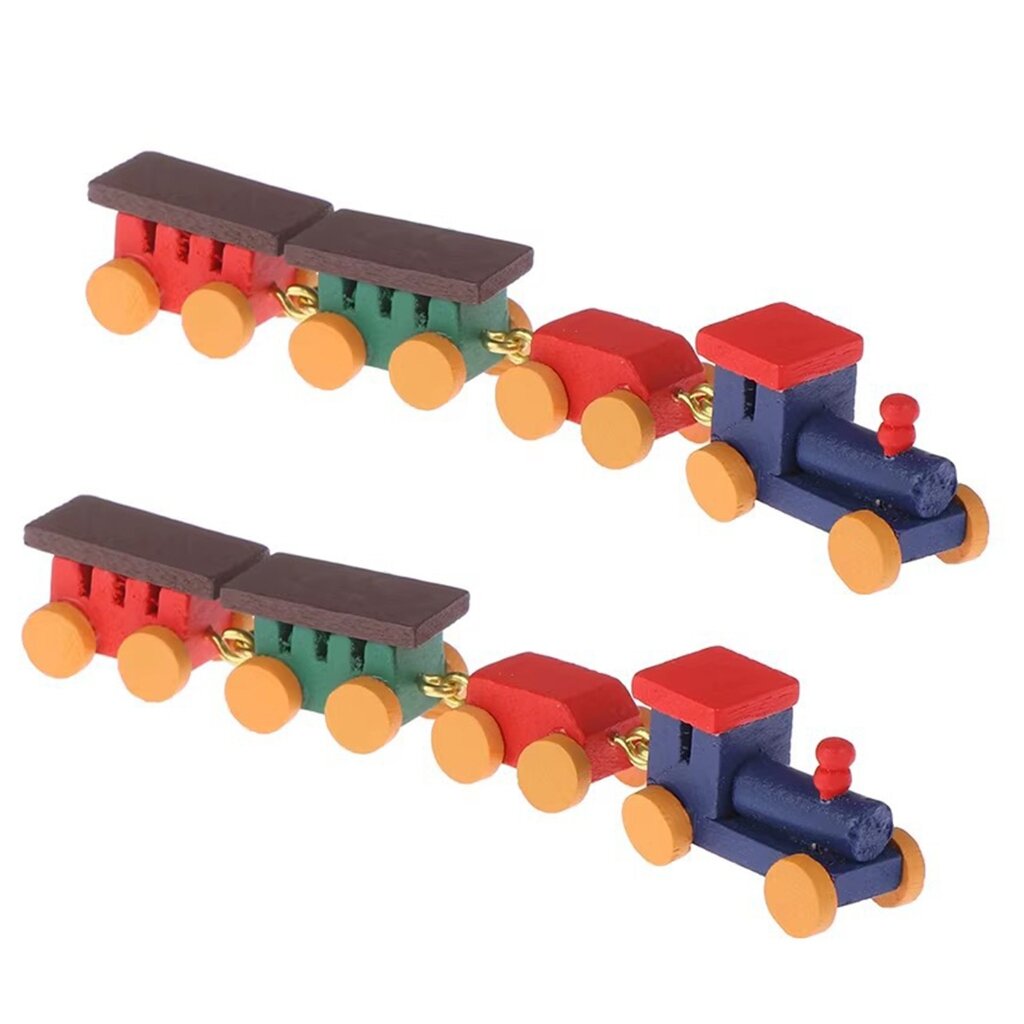 Деревянный миниатюрный поезд ручной работы для кукольного домика масштаба 1/12 с красочными вагонами и металлическим крючком для украшения сцены.