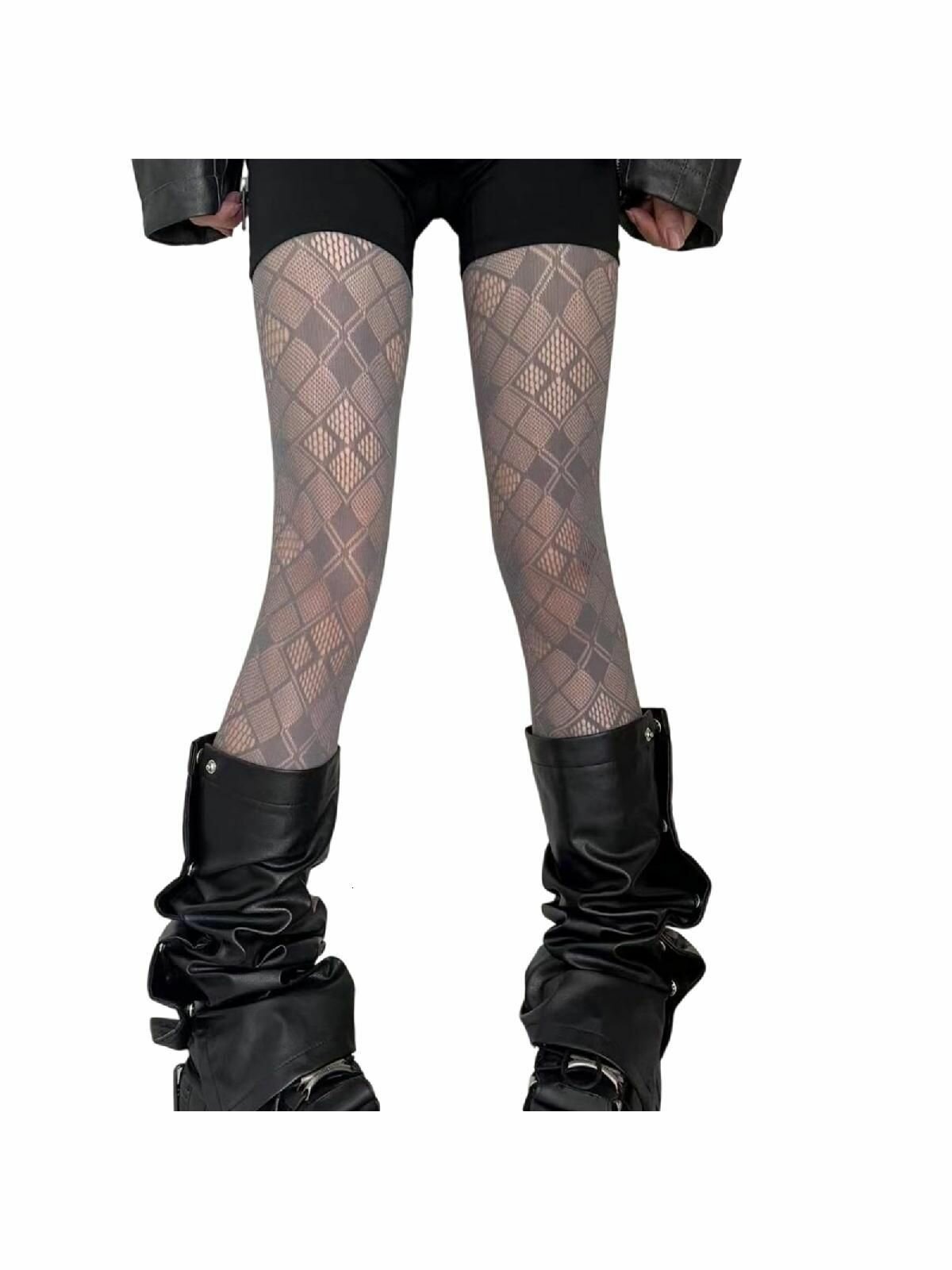 Клетчатые кружевные колготки, темно-серый
