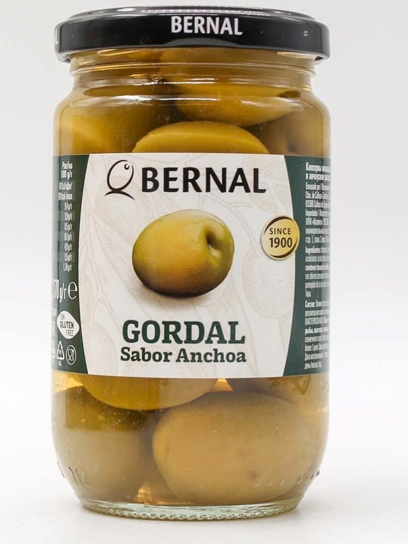 Оливки гордаль (GORDAL), в анчоусном рассоле, крупные, с косточкой, 300г