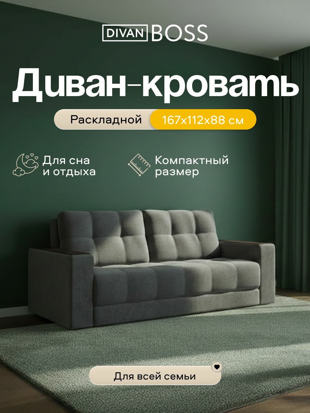 Диван-кровать Босс Маркет, двухместный, выкатной Изи Ролл, велюр Монолит серый, 167х112х88 см