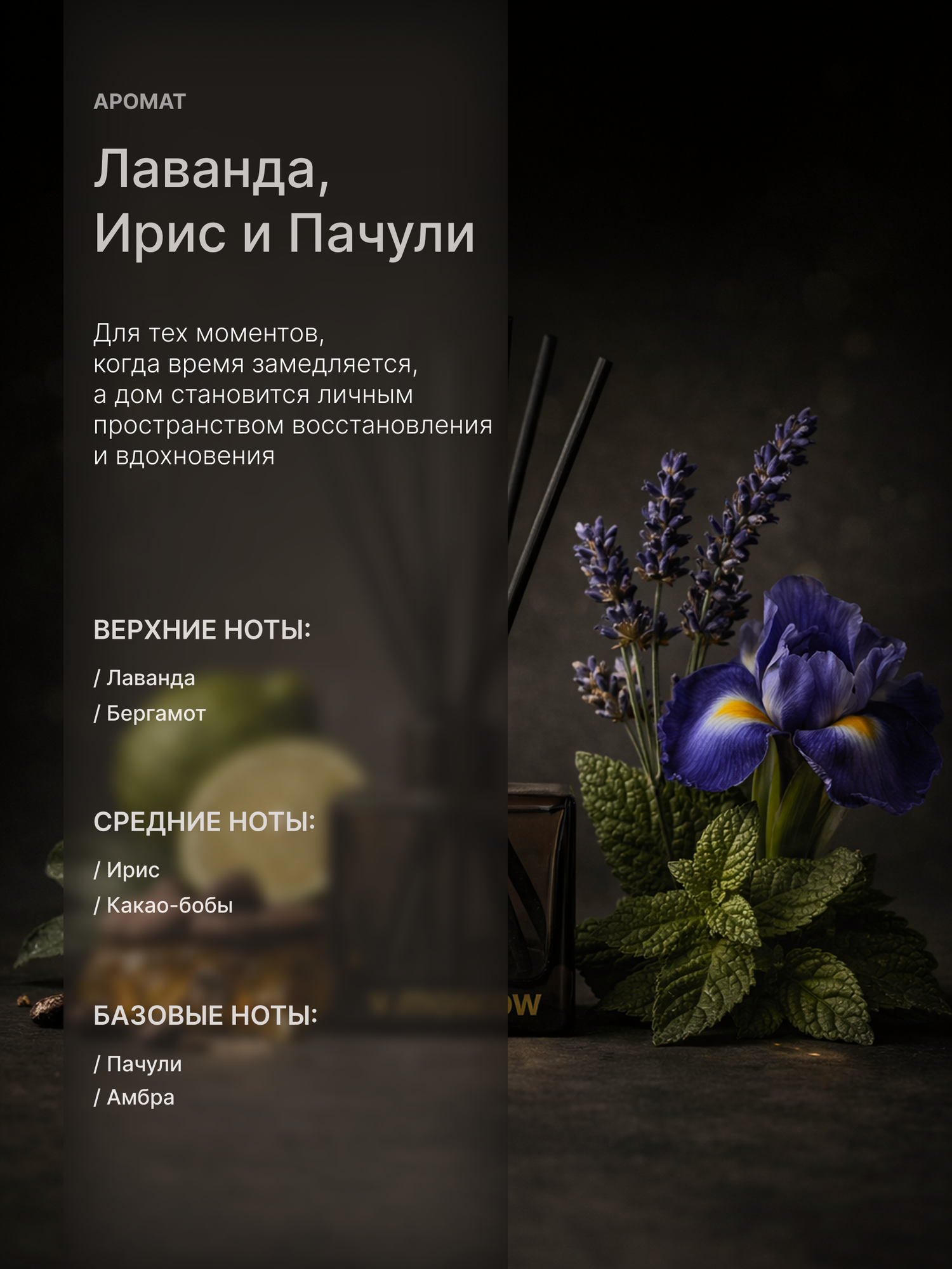 Диффузор ароматический V.MOSCOW "Лаванда, Ирис и Пачули", 100 мл, с черными фибровыми палочками