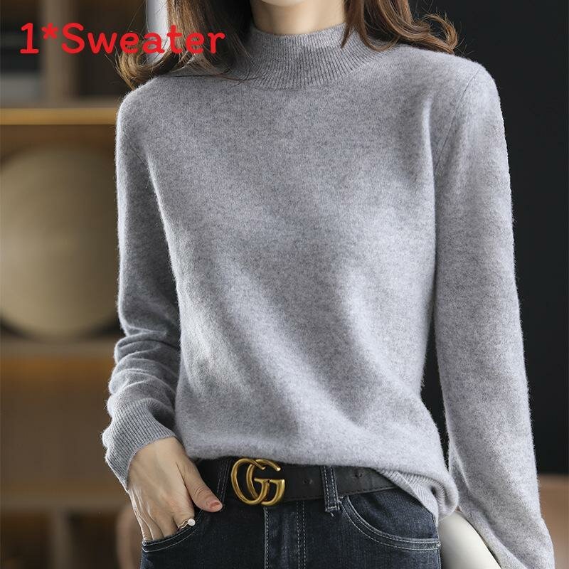 Womens korean style warnit sweater with round neck and comfortable fit for casual outfits, gray