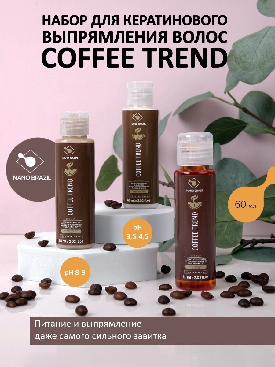 NANO BRAZIL / Профессиональный набор для кератинового выпрямления волос COFFEE TREND, 3х60 мл