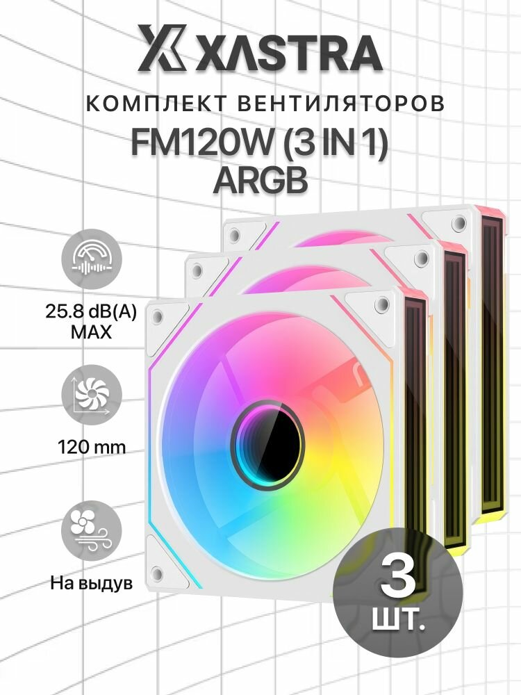 Комплект вентиляторов для корпуса 3 шт. XASTRA FM120W ARGB single pack 120x120x25мм (Infinity lighting effect, ARGB, PWM, white )