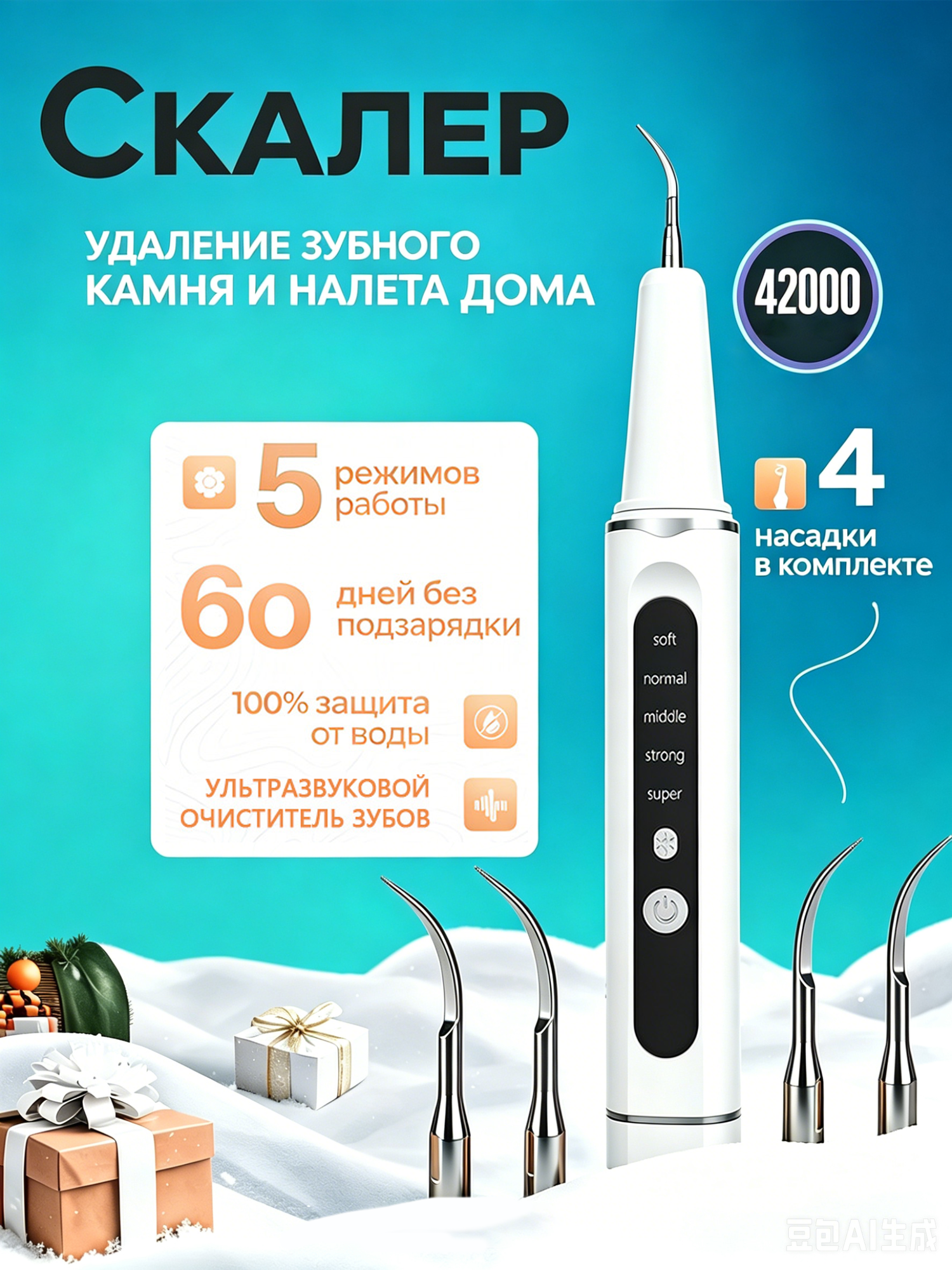 Ультразвуковой скалер для зубов, удаление камня и налёта, 5 режимов
