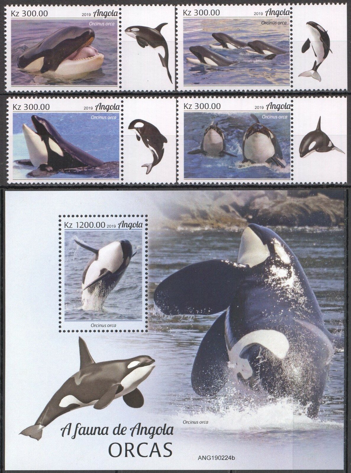 Марки 2019 год Ангола Косатки Китобои Морская жизнь Фауна #2325-2328+Bl230 Mnh