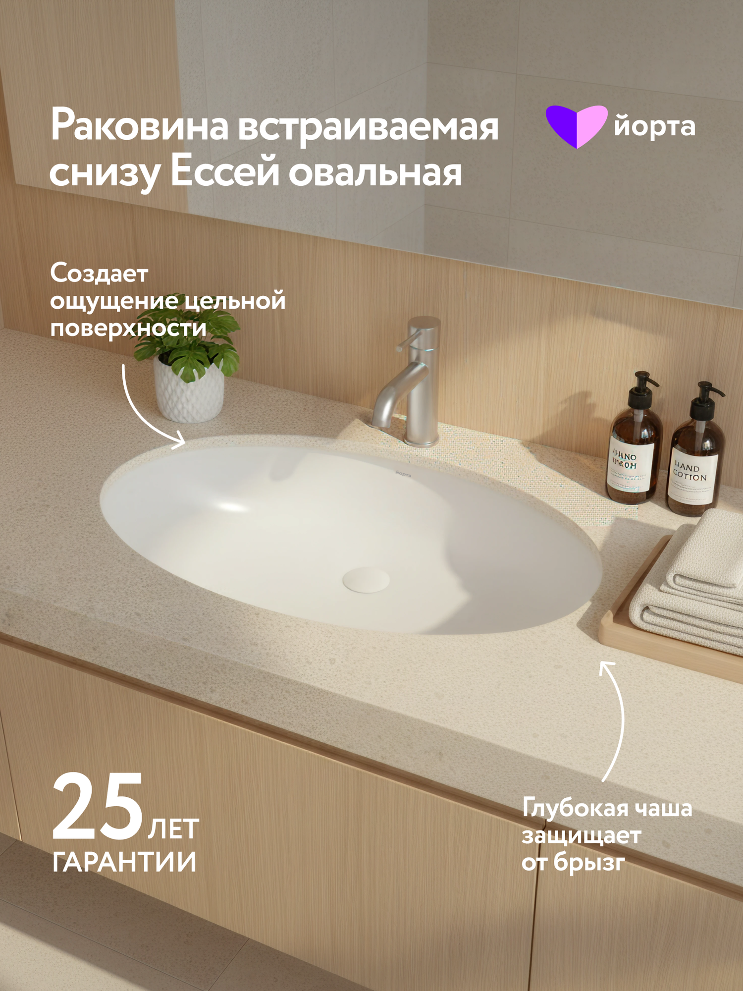 Раковина встраиваемая снизу для ванной белая, 56х42,5х20 см, Йорта Ессей овальная