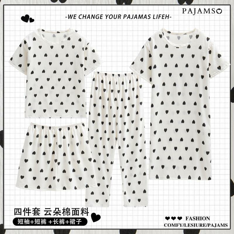 Женская пижама Cloud Cotton, комплект из четырёх предметов, круглый вырез, шорты с короткими рукавами, длинные брюки, ночная рубашка, домашняя одежда, женский комплект, размер: L