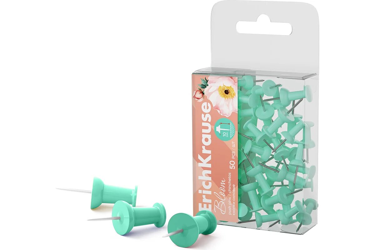 ErichKrause Pastel Bloom Mint силовые кнопки 50 шт в ПЭТ-боксе 62054 для канцелярии