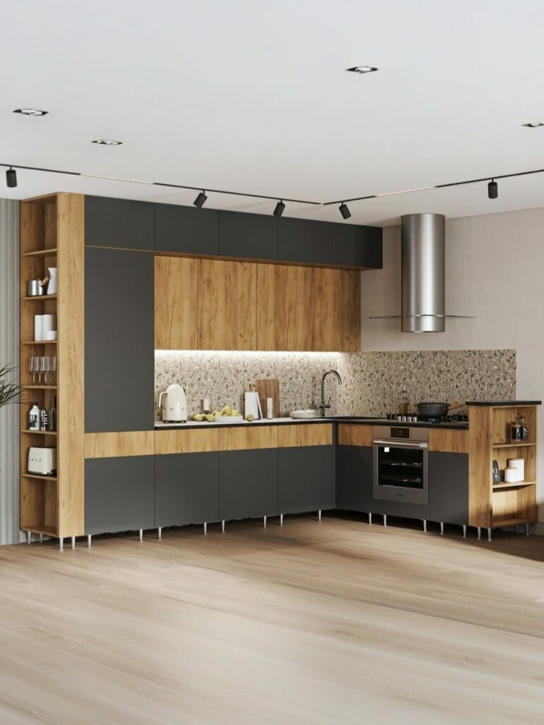 Кухонный гарнитур угловой Техно-5 3,2х2,4м белый глянец/дуб крафт со столешницей миф