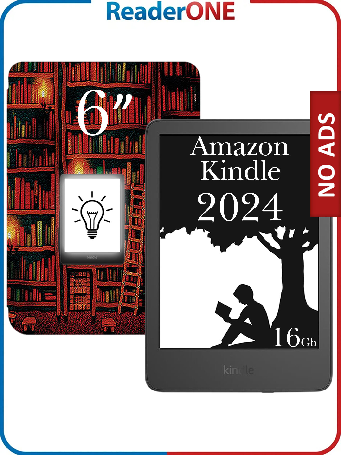 Электронная книга Amazon Kindle 11, 6 дюймов, 2024, 16 Гб, без рекламы, черная, с обложкой ReaderONE Library