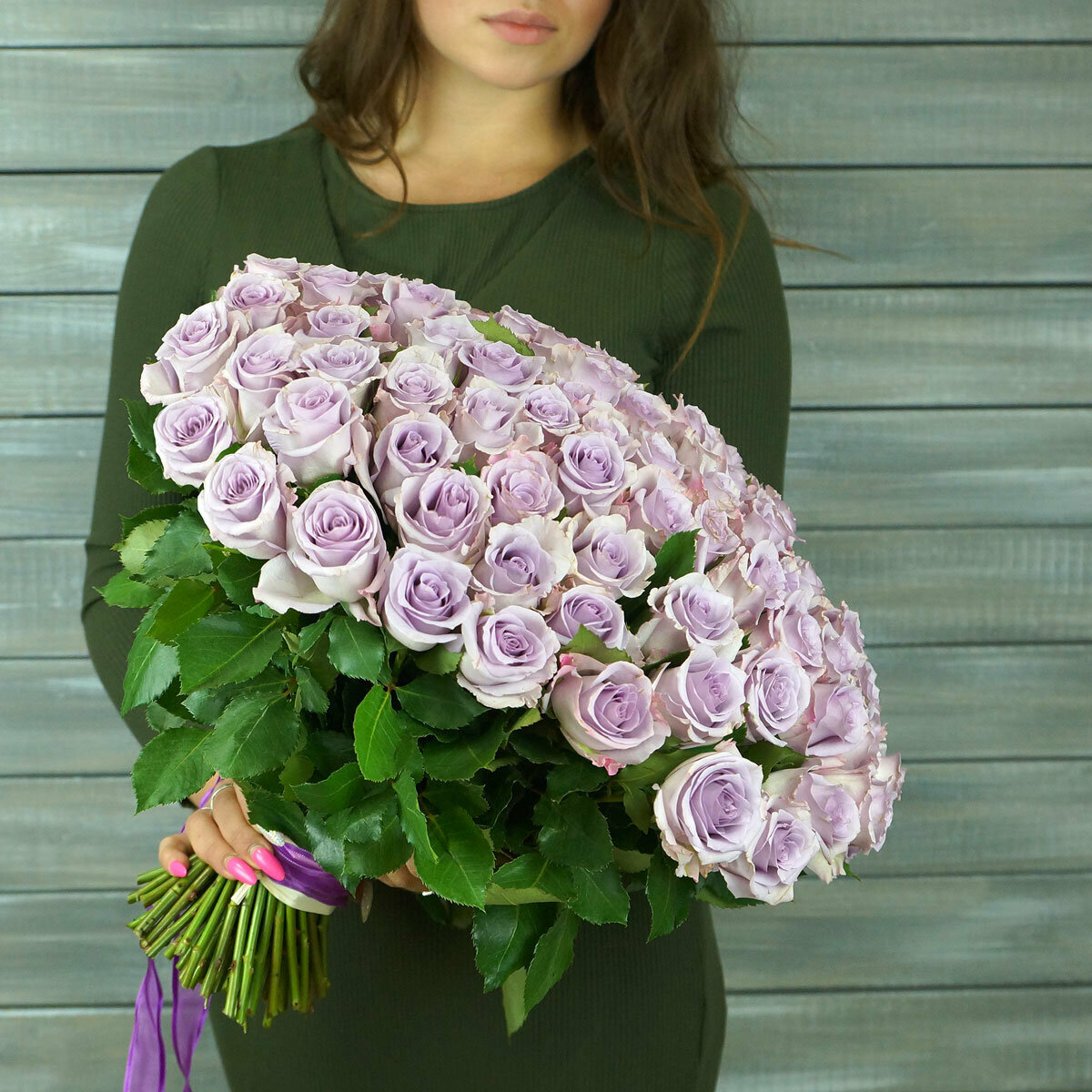 Монобукет Букет Маркет "Сиреневые розы", 75 шт, 40см, высота, под ленту