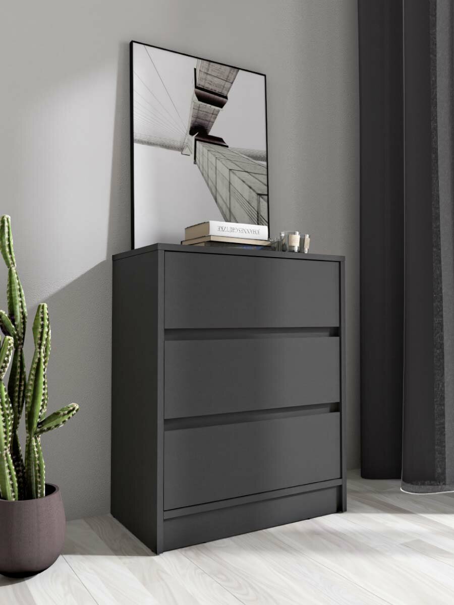Комод Диал, для вещей, 3 ящика, ЛДСП, графит, 60x69.6x33.4см, без ручек