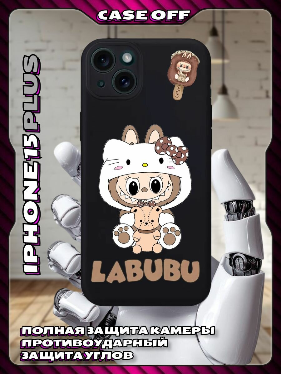 Чехол ZiART (Labubu 5 / Лабубу 5) на iPhone 15 Plus силиконовый, с защитой камеры, черный