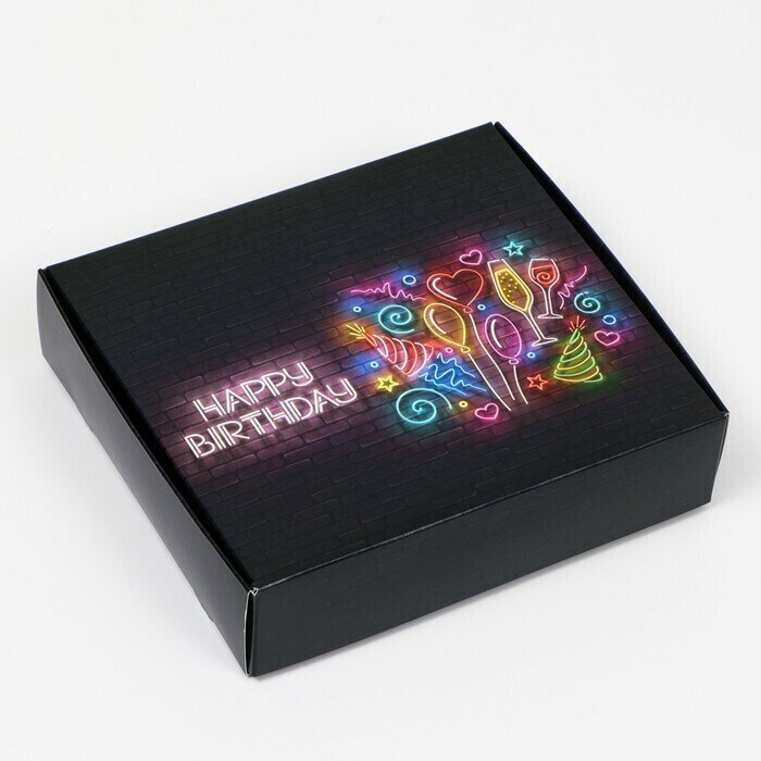 !09 Коробка самосборная (набор 3 штуки) "С Днем Рождения", неон, 20 х 18 х 5 см.