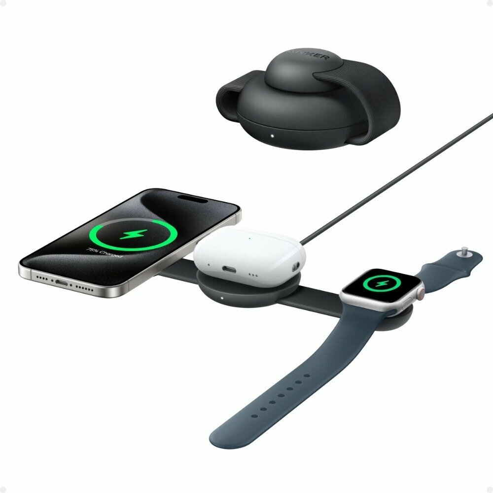 Anker MagSafe MagGo A25M8 Black Беспроводная складная зарядная станция 3-в-1, сертифицированная Qi2, мощностью не более 15 Вт