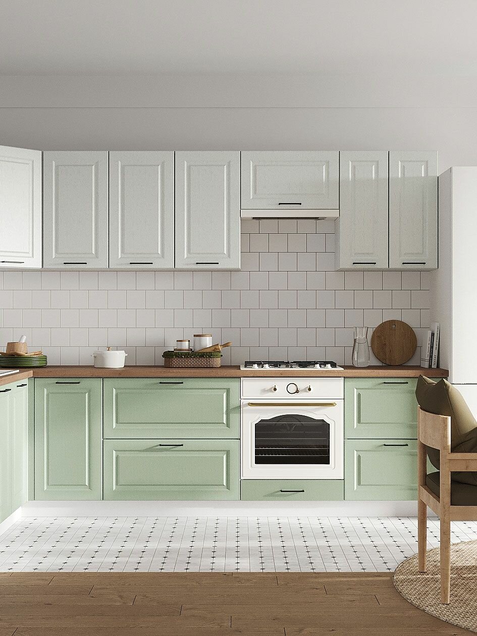 Кухонный гарнитур угловой Шервуд 3х1.8 м, мебель для дома и кухни, Белый / Арктик / Шато мята