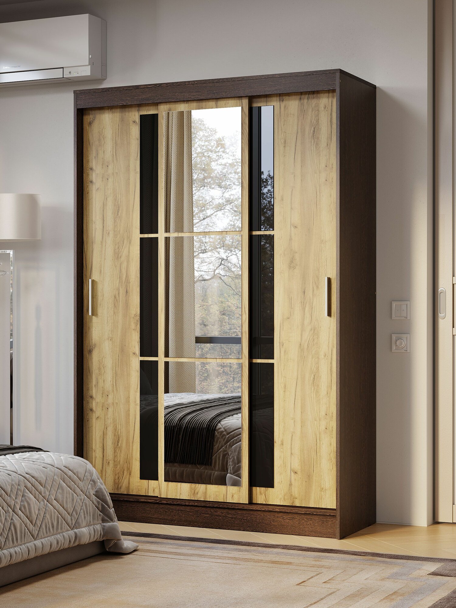 Шкаф-купе для одежды и хранения вещей Браво, с зеркалом, с полками, со штангой, 131х50х200 см Венге / Дуб Крафт