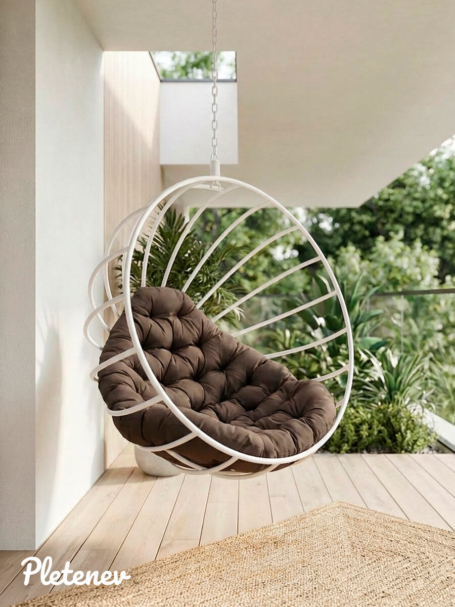 Подвесное кресло Pletenev "Сфера", без стойки, белое с коричневой подушкой