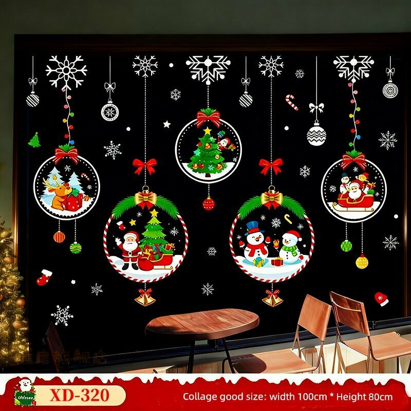 Новогодние стеклянные наклейки, статические наклейки, наклейки на окна с изображением Деда Мороза и елки, оформление