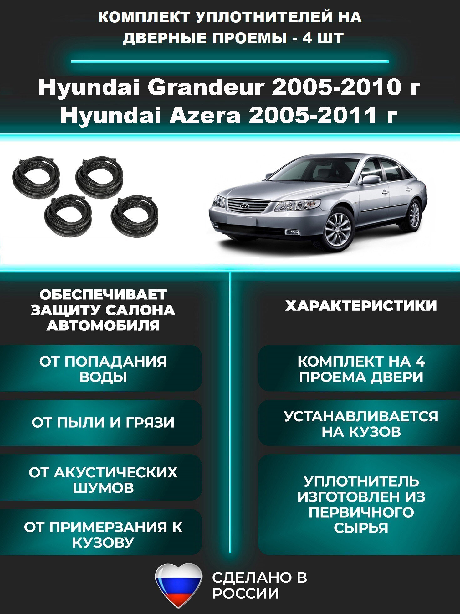 Комплект уплотнителей проемов дверей для Hyundai Grandeur IV, Hyundai Azera I 2005-2011 г, Хендай Грандер, Хендай Азера (на 4 дверных проема - 2 передних и 2 задних)