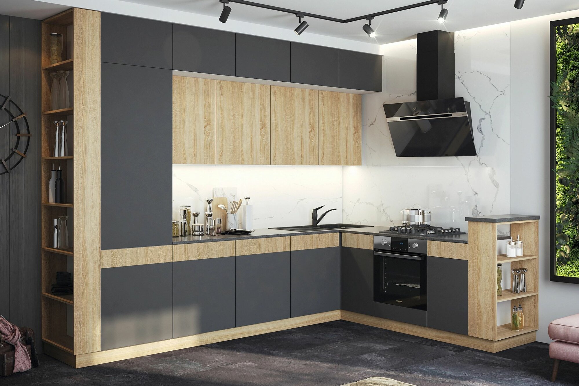 Кухня Техно-5 3,2*2,24м (490) (Сонома/Графит софт NEW, Белый (Кастилло темный))