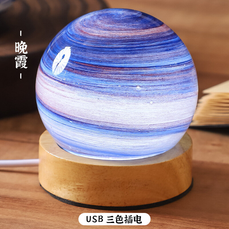 Встроенный светильник-ночник "Звездное небо" с абажуром Planet Lampshade на деревянной основе, аккумуляторный ночник Type-C, подарочный светильник Aurora Glass