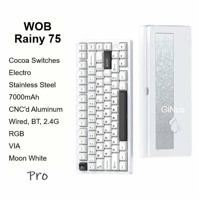Игровая клавиатура беспроводная Rainy75 Pro, MoonWhite, RGB, CocoaSwitches, Electro T78O, Английская раскладка, белый
