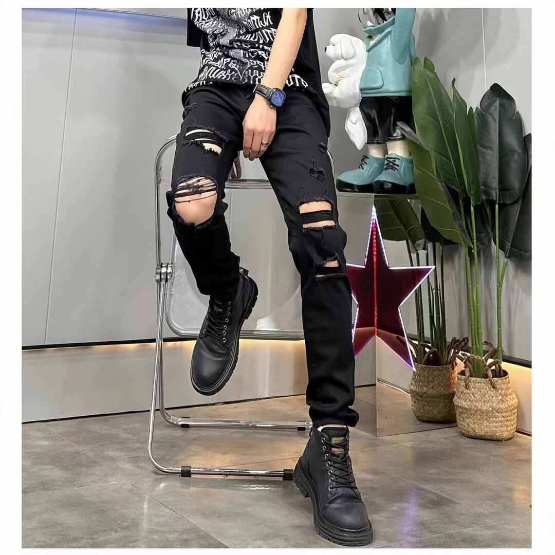 Тренд RONG CH Мужские Джинсы Лето Корейский Стиль Потертые Слим Кроп Деним, Размер_L